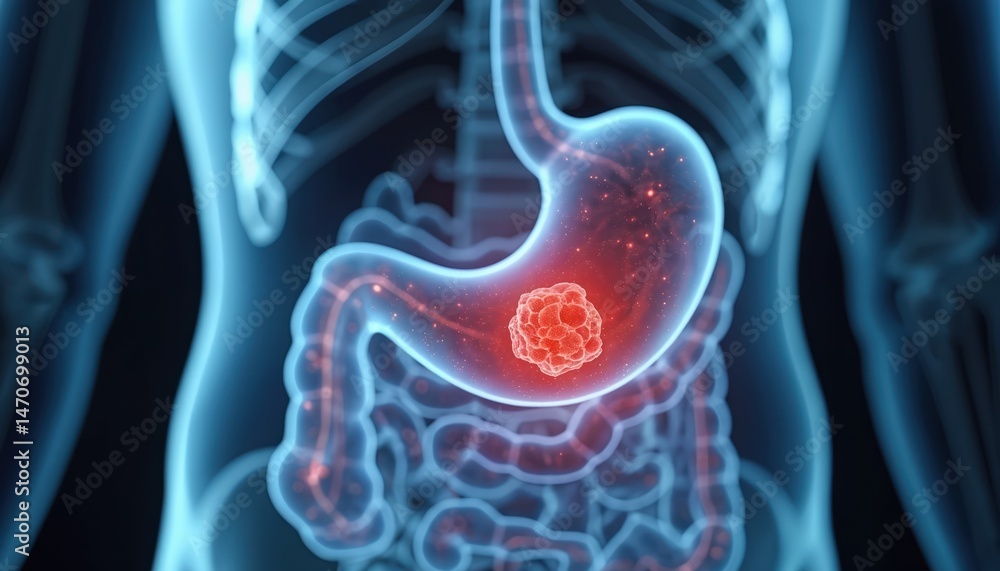 Medical illustration shows human stomach cancer in digestive system ...