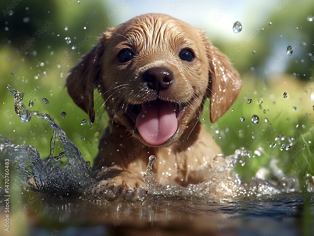Wet Labrador puppy emerging from a lake with water splashes around ...