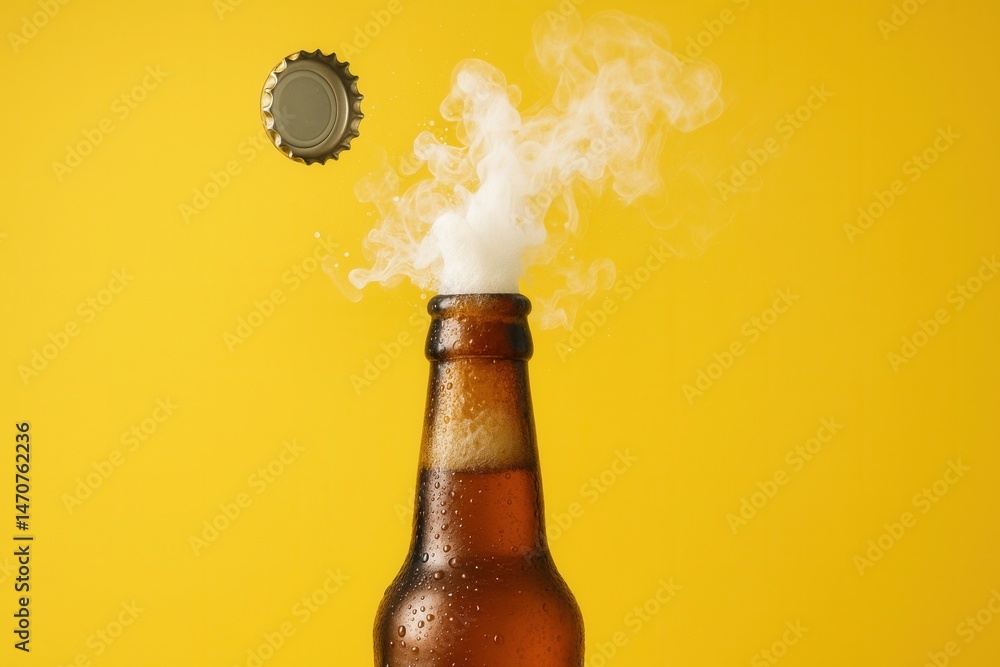 Freshly opened beer bottle releasing smoke on yellow background Stock ...
