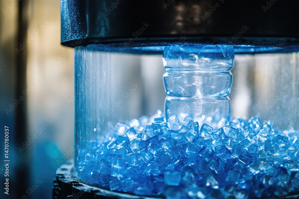 Plastic bottle recycling process: Crushed bottle being transformed into ...