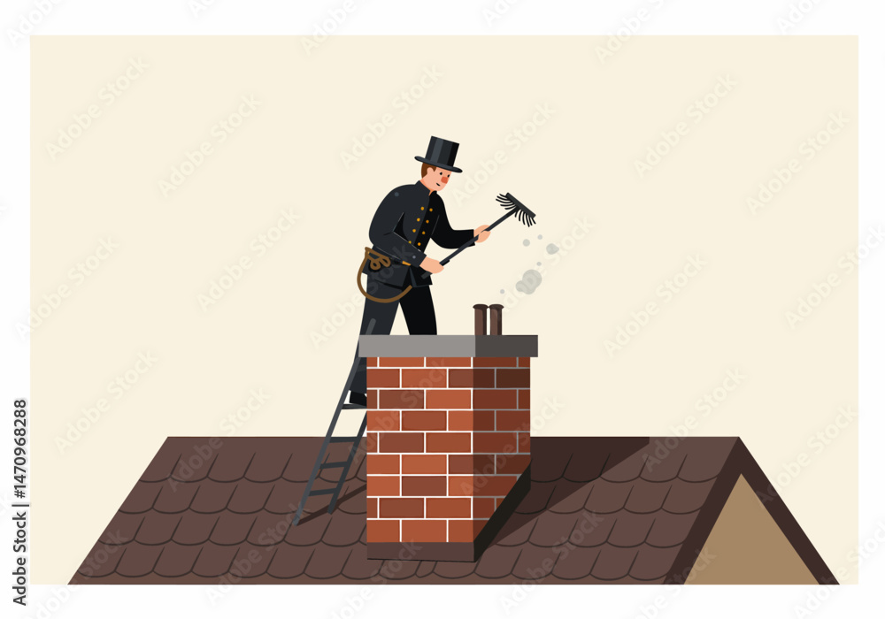 Chimney Sweep Cleaning Brick Chimney with Ladder on Roof Stock Vector ...