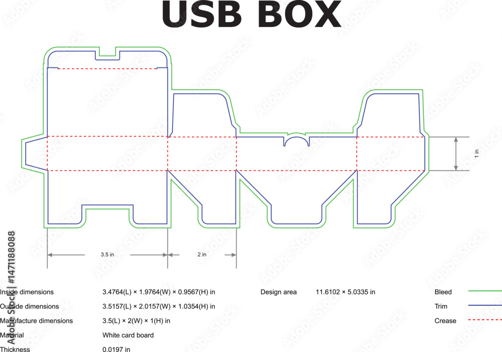 Detailed blueprint of a usb box packaging template with measurements ...
