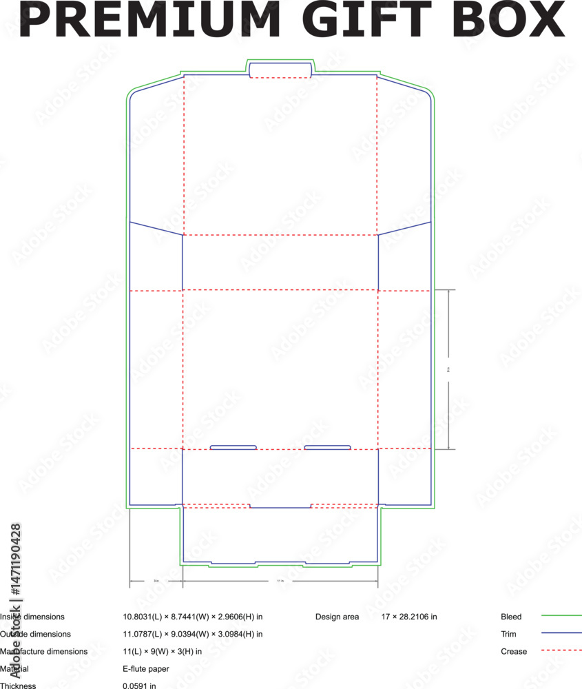 Detailed vector outline of a premium gift box packaging with dimensions and cut lines for easy ...