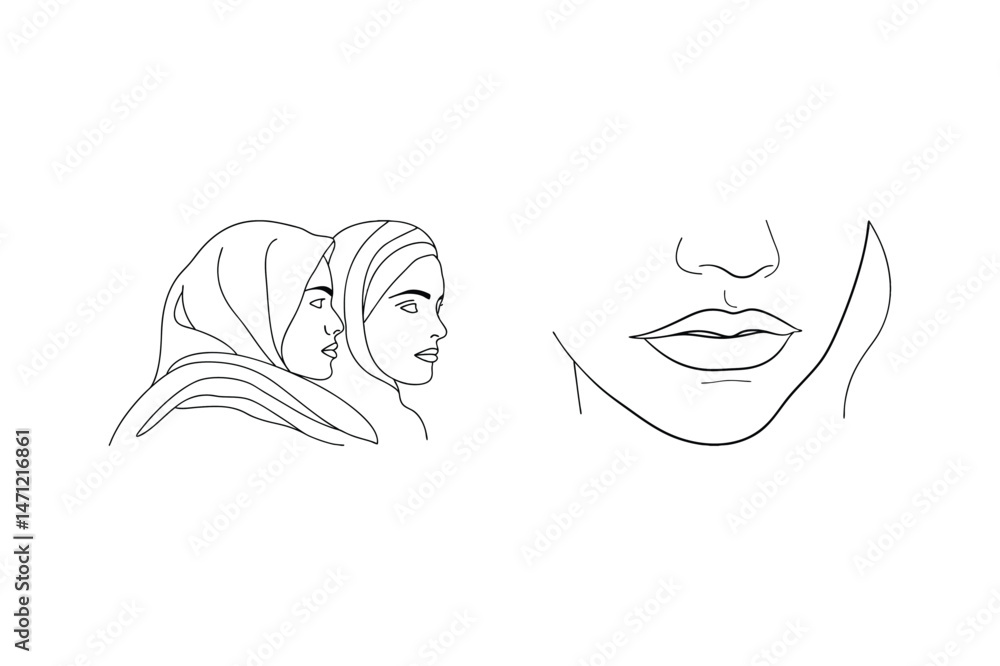 Elegant minimalist line drawing depicting two women in hijabs and ...