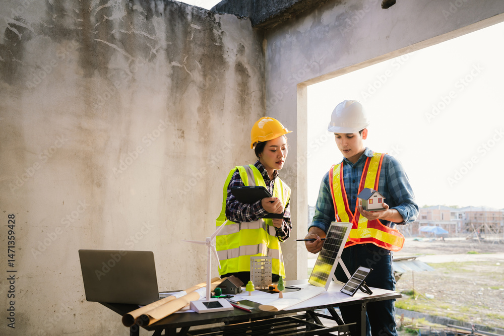 Architects and engineers collaborate at a desk with blueprints and ...