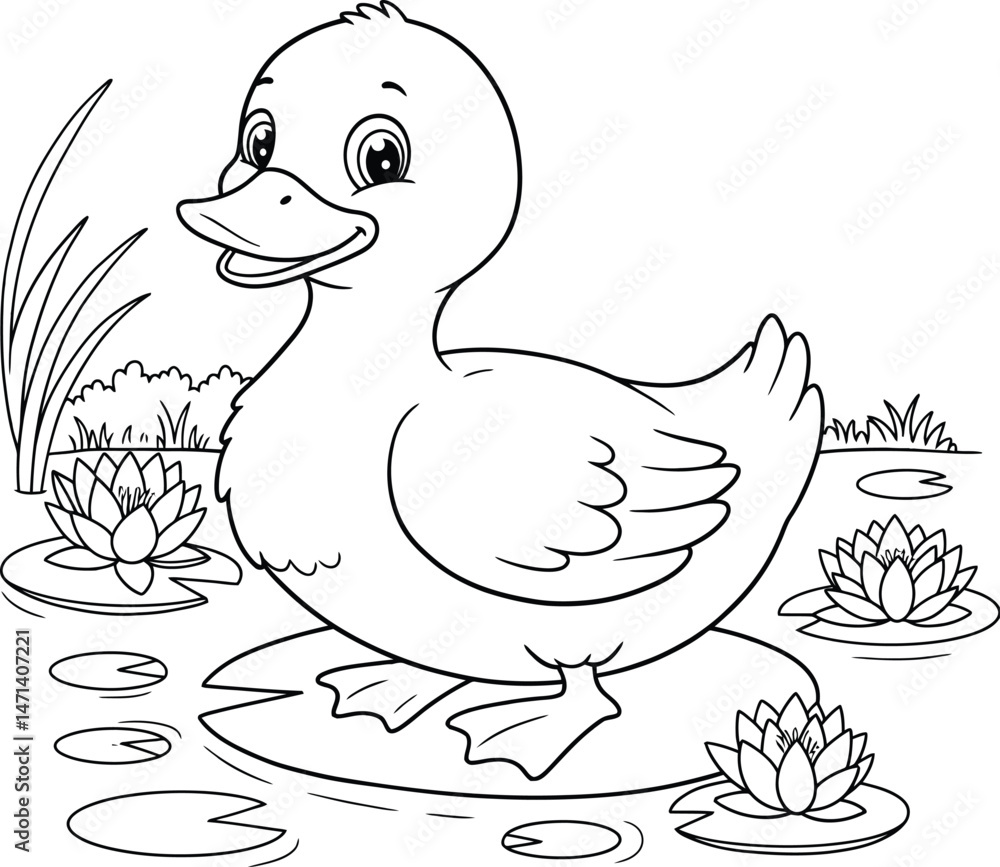 Cute Cartoon Duck Outline coloring page for kids. Stock Vector | Adobe ...