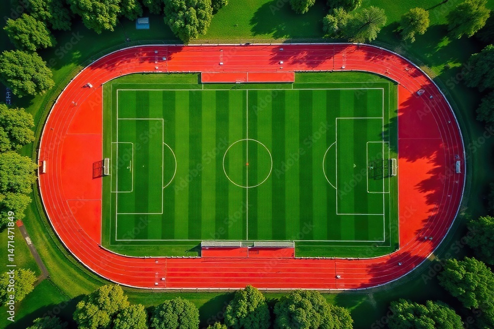 Overhead shot of empty football field tracks, showing markings and lush ...