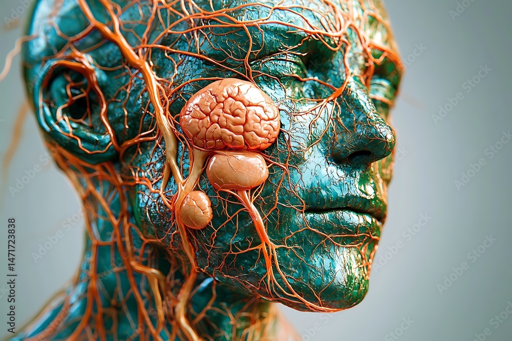 3D rendering of the human lymphatic system, showing the nodes, vessels ...