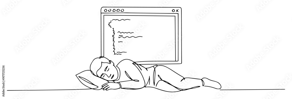 black and white vector of a sleeping programmer near code window ...