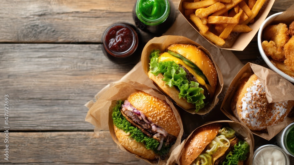 Fast food delivery menu with photos of burgers, sandwiches, and ...
