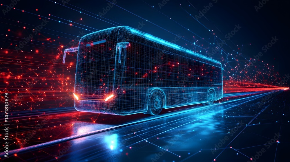 Futuristic bus concept with a glowing wireframe design against a ...