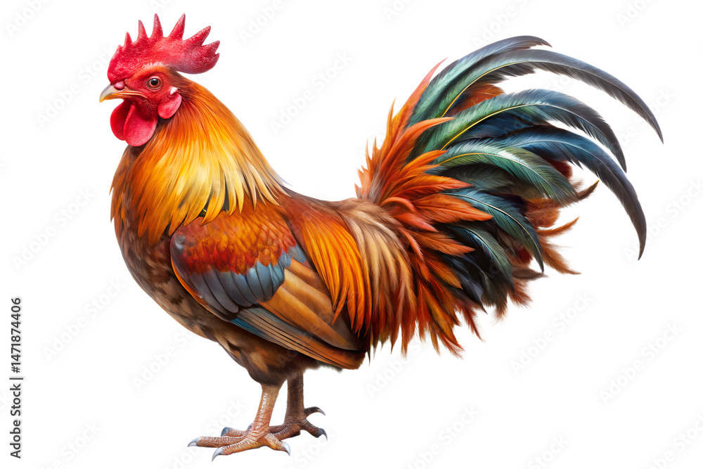 Colorful rooster standing proudly isolated on black background ...