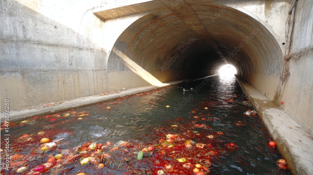 Severely polluted drain water surface covered with red oil and floating ...