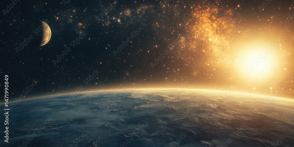 Earthrise: Majestic Sun, Crescent Moon, and Planet Earth Stock Photo ...