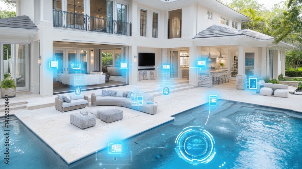Labeled home floor plan with smart home tech zones and functional flow ...