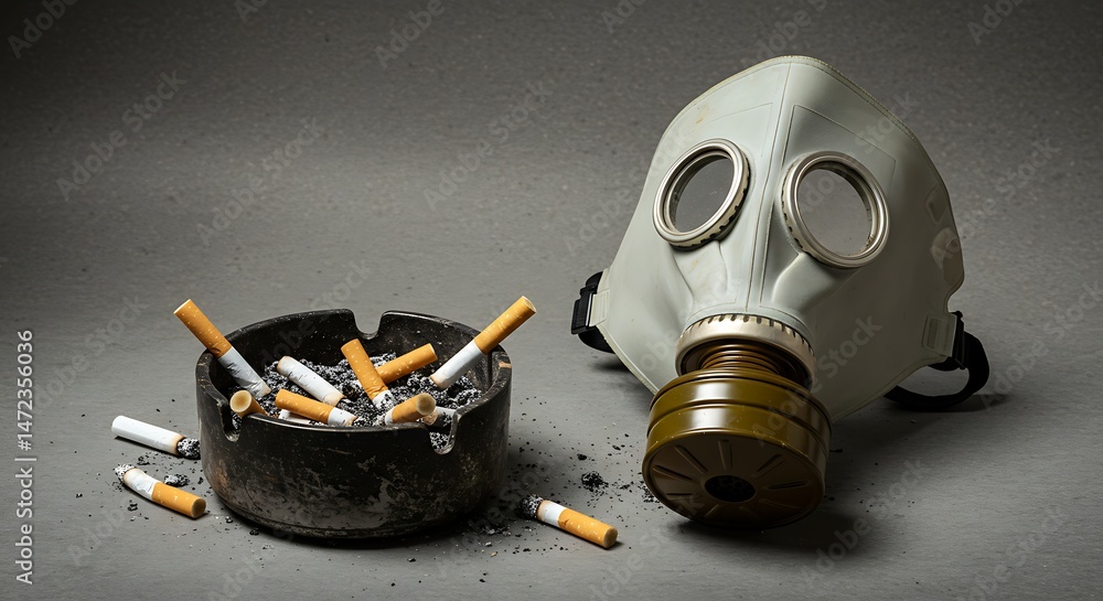 Cigarette Butts Fill Ashtray Next to Gas Mask on Gray Background ...