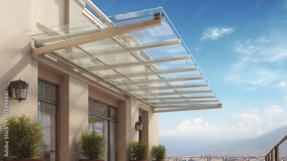 Transparent terrace canopy with glass roof 3D illustration of modern ...