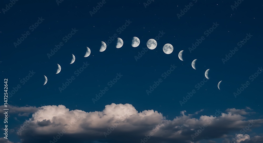 The image displays the complete lunar cycle in an arc against a dark ...