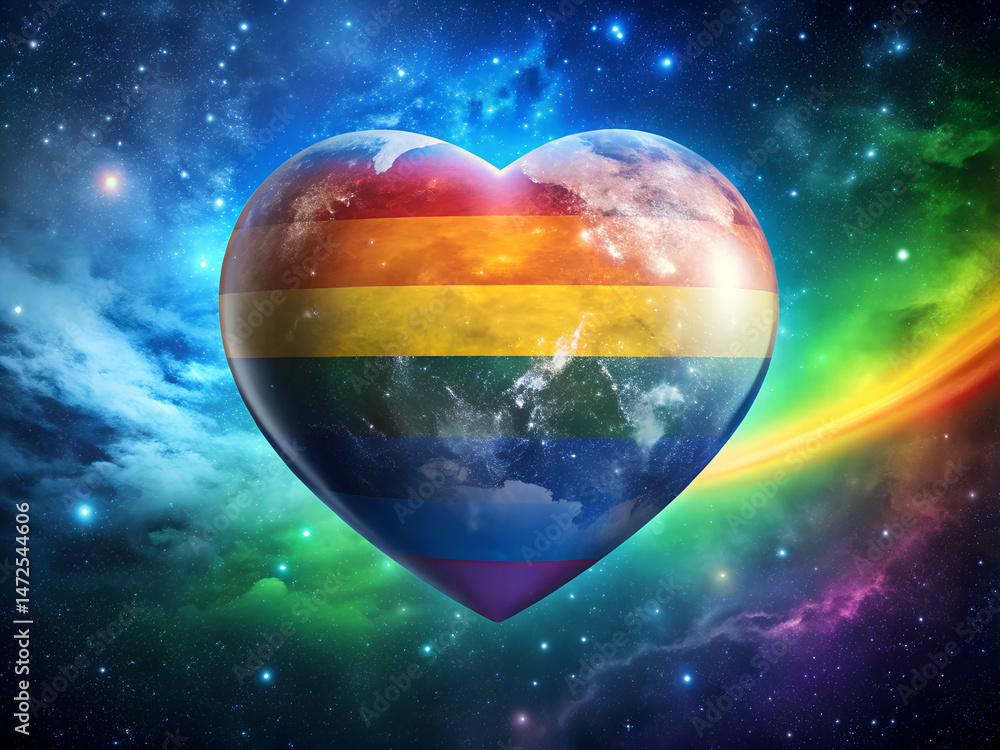 Heart-shaped planet glowing with all pride flags in outer space ...