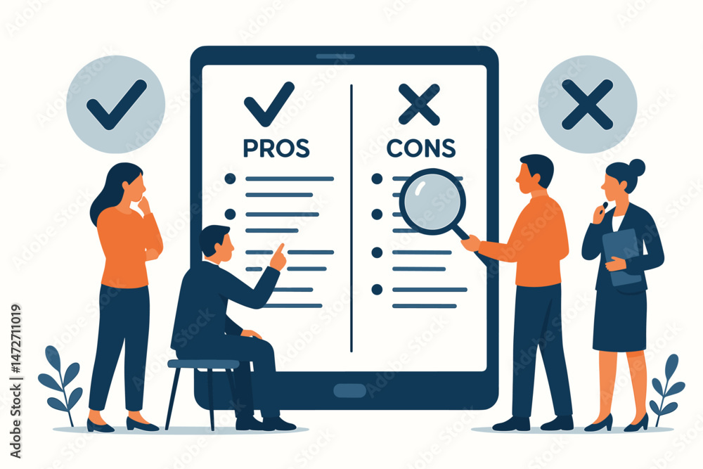 Vector illustration of a diverse business team conducting a pros and ...