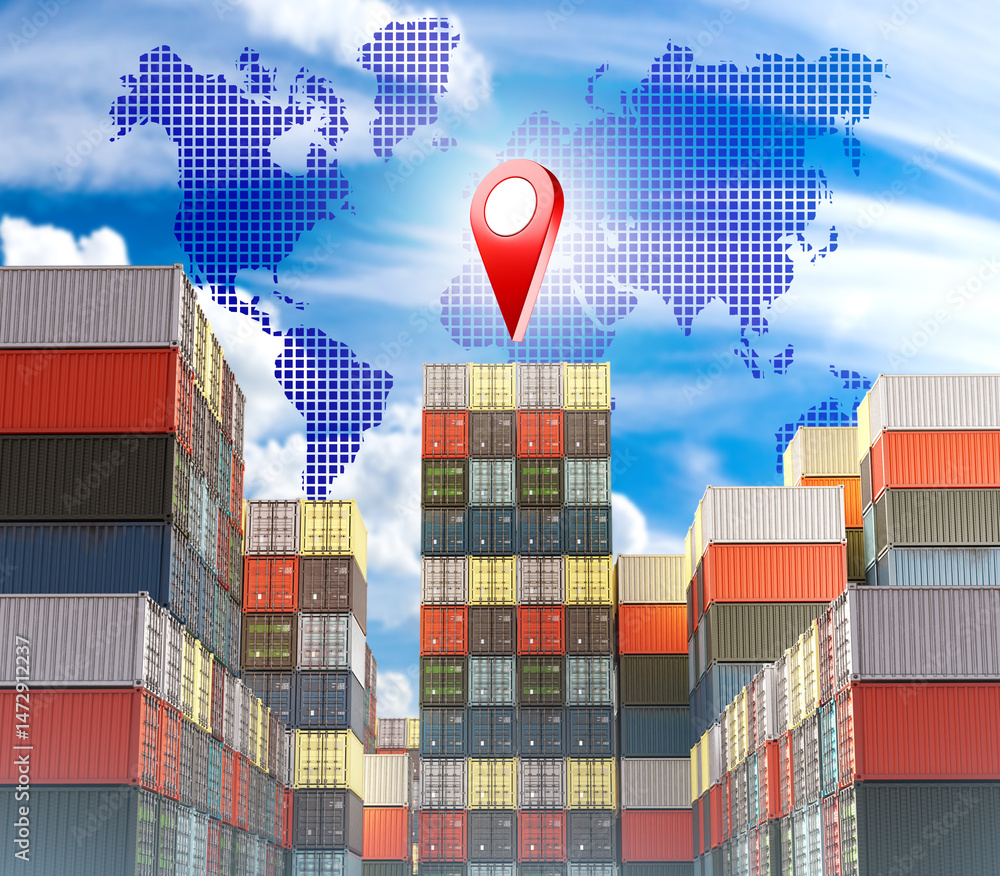 International container terminal. Open air shipping containers. World map as metaphor for ...