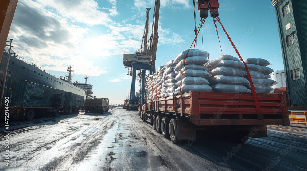 Ship Crane Lifting Sugar Bags Cargo from Truck to Ship Hold at Seaport ...