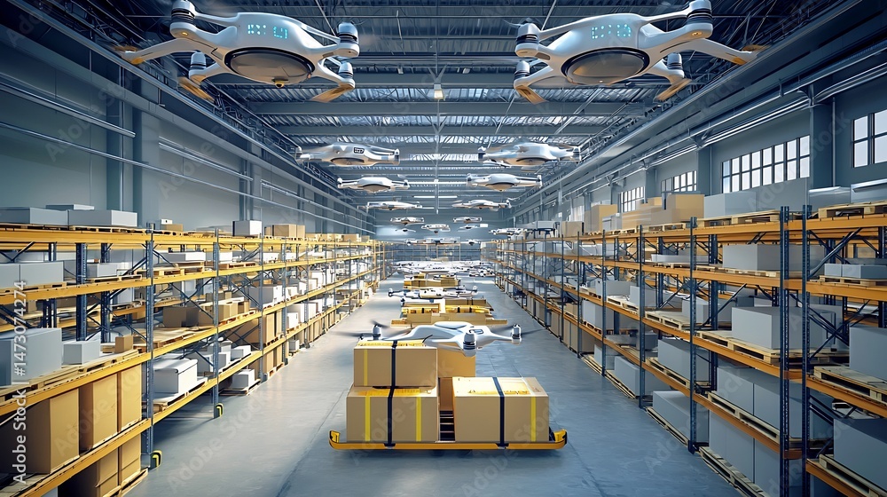 Stock photo concept: A futuristic logistics center where ai drones ...