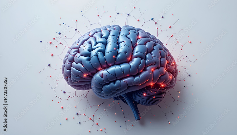Anatomical rendering of a brain in red tones with visible signs of ...