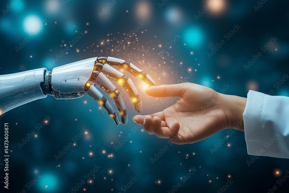 Robotic hand reaching out to connect with human hand in a futuristic ...