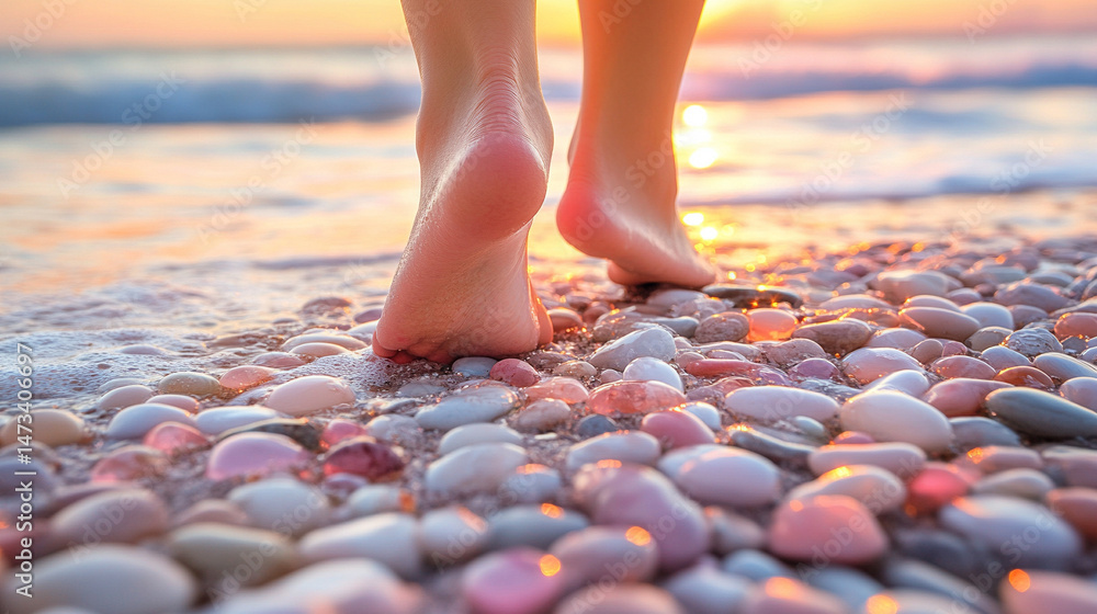 Back view of female feet walking barefoot on crystal-clear pebbles at a ...