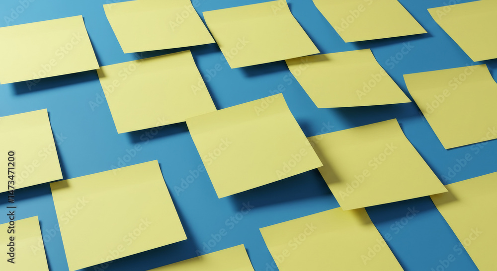 Pastel yellow sticky notes scattered on a light teal background ...