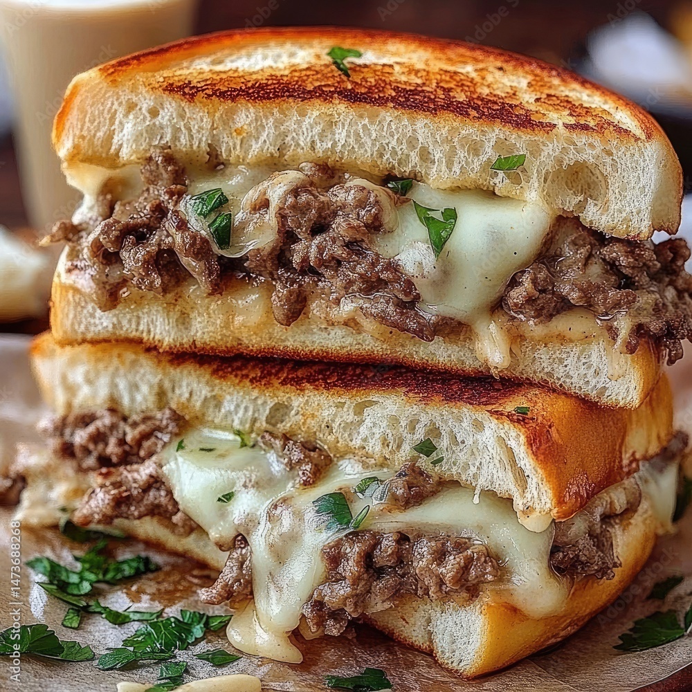 Melted cheese, ground beef sandwich, toasted bread Stock Photo | Adobe ...