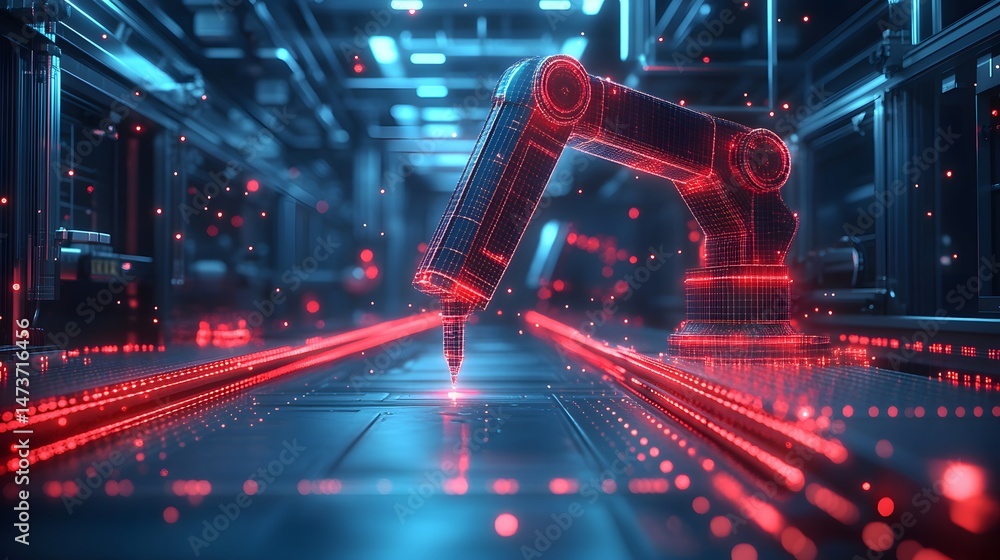Futuristic factory scene showcasing a wireframe robotic arm with ...