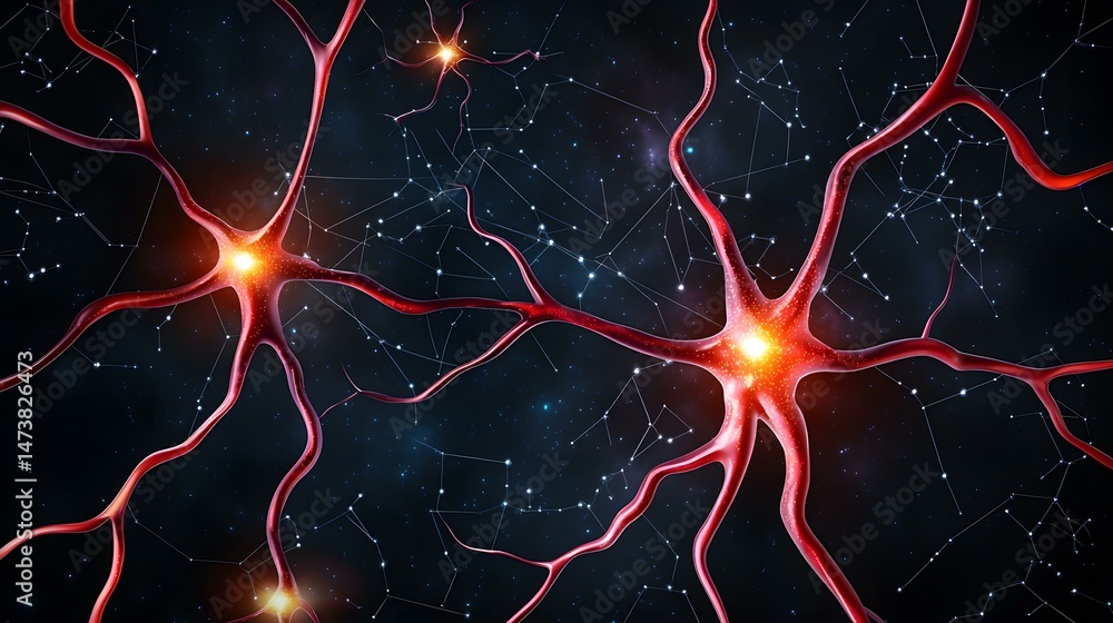 The image shows two neurons connected by synapses, visualized against a ...