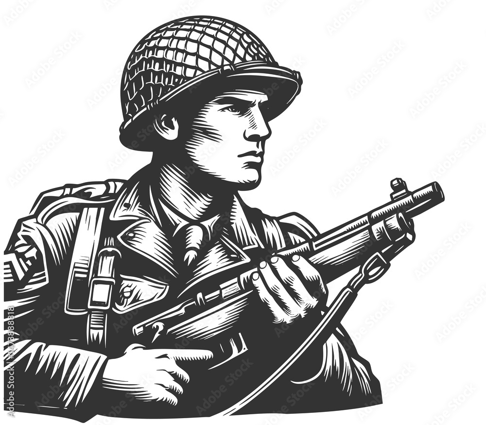 World War II-era American soldier in uniform, gripping a rifle with ...