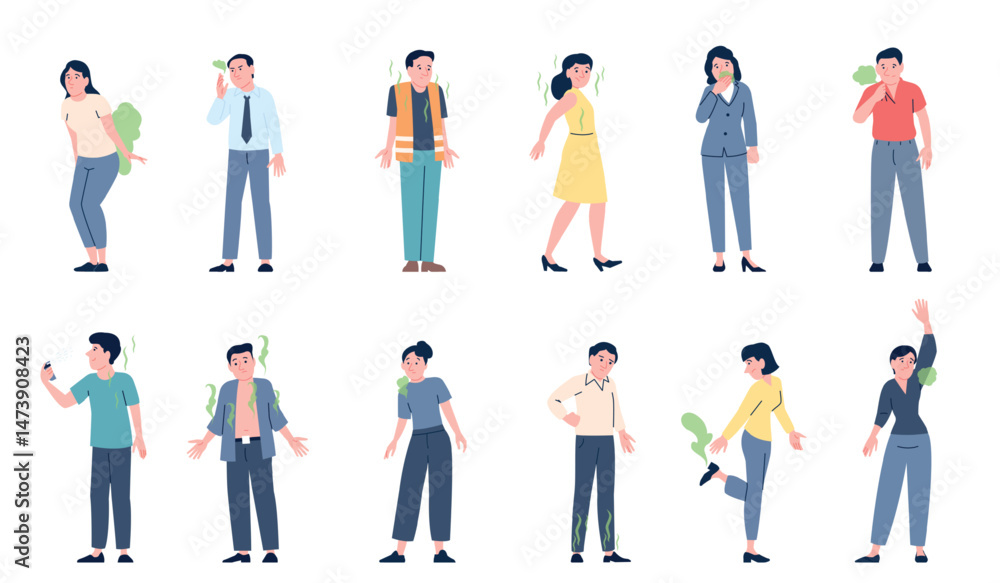 Bad smell people. Stinky smells from persons, bad breath, odor from ...