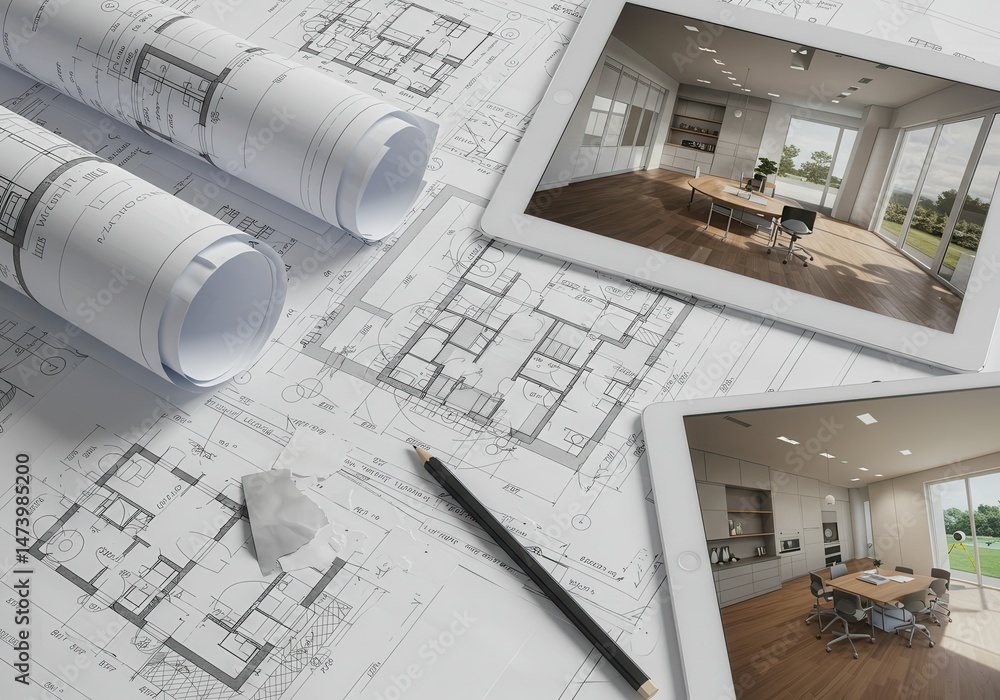 Architectural blueprints and digital renderings on tablets showing ...