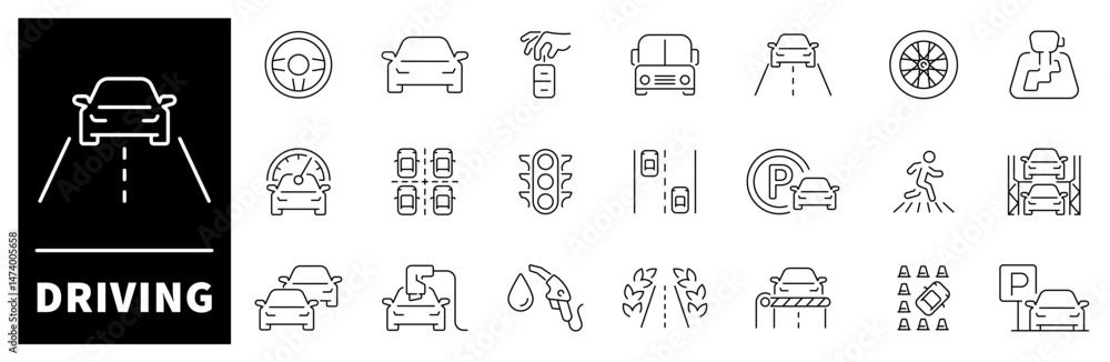 Car driving vector icons. Driving icon set. Street, highway, traffic ...