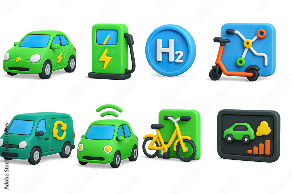 3D icon set of clean mobility tech: electric car icon, EV charging ...