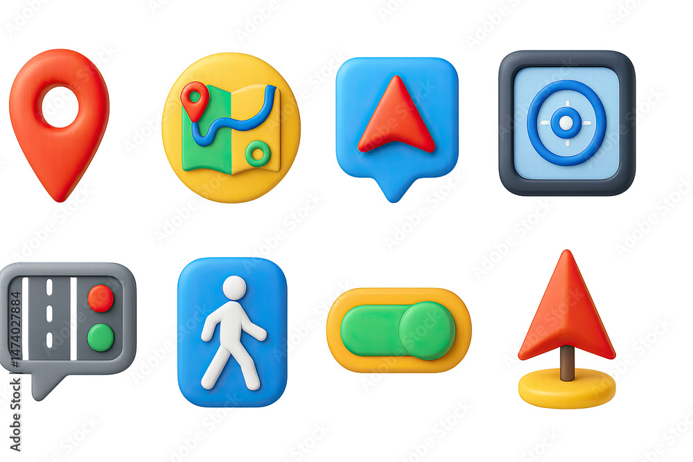 3D icon set of navigation and maps: location icon, route map badge ...