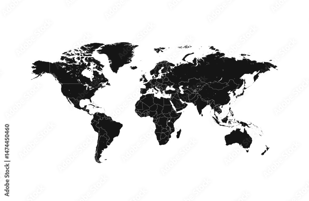 World map black silhouette with countries borders vector illustration ...