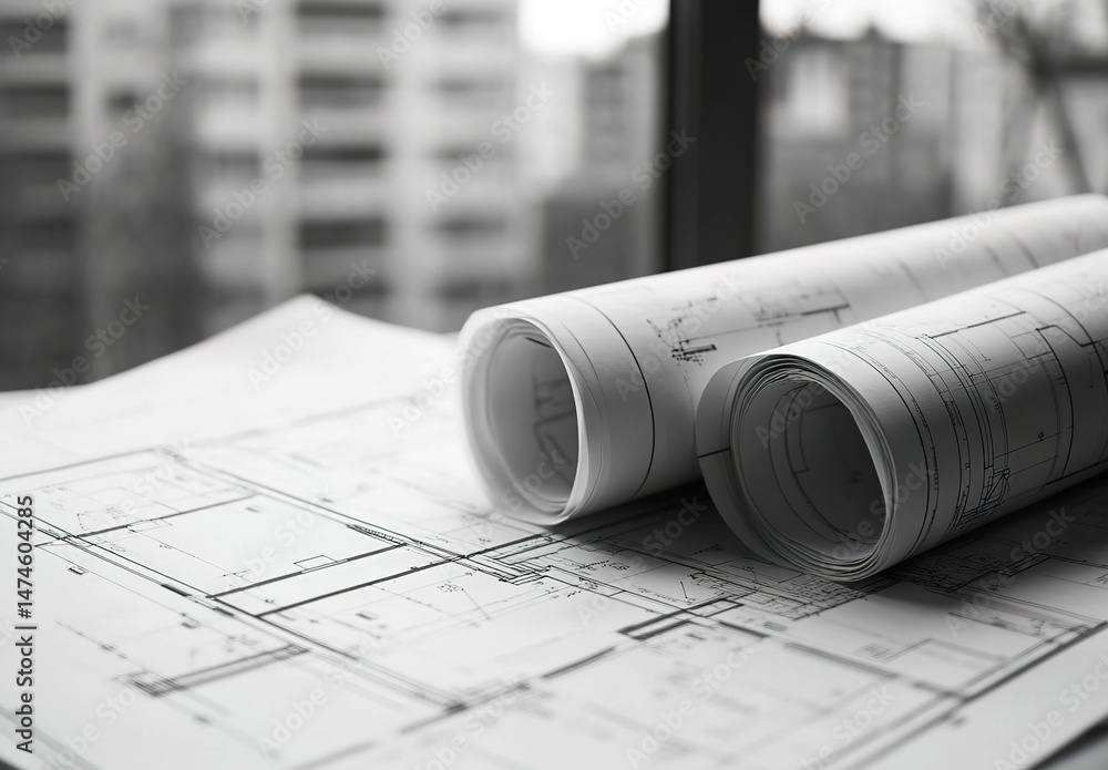 Ilustracja bez tantiem: Rolled architectural drawings on an unfolded ...