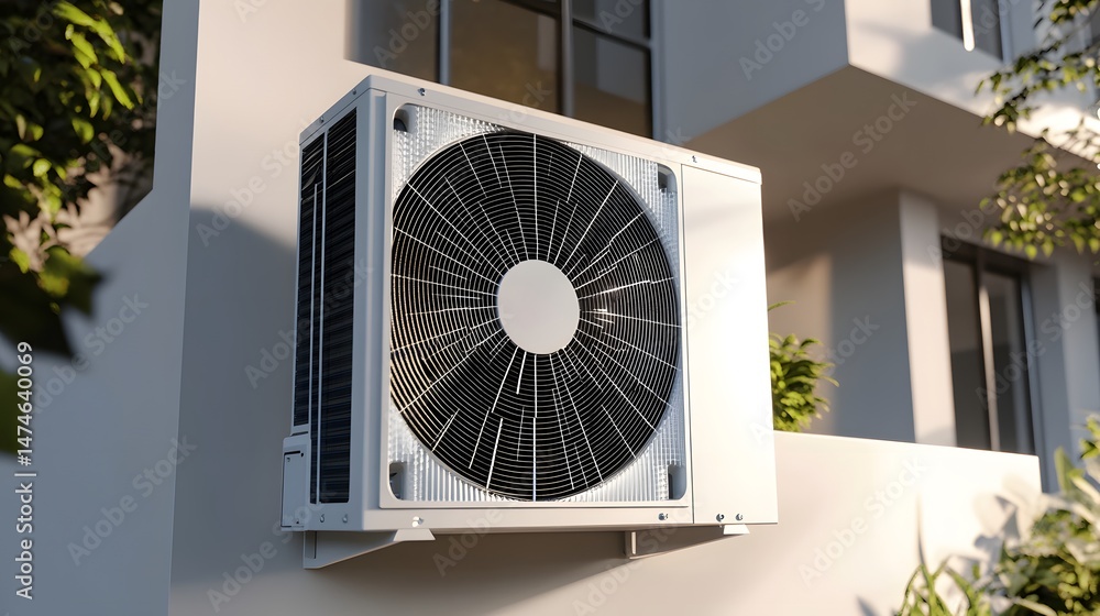 Exterior wall-mounted air conditioning unit in a modern building. Stock ...