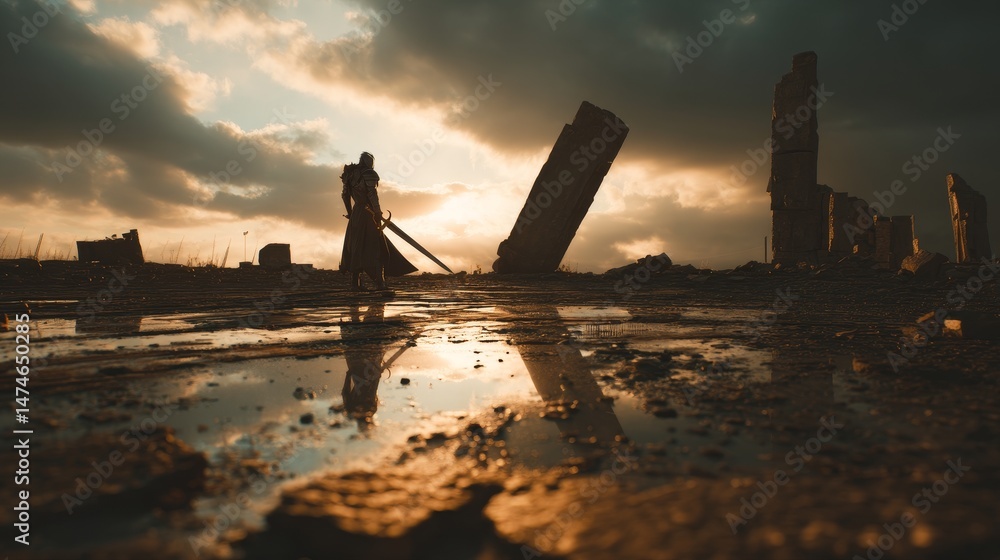 A dramatic moment of a general dropping his sword in a ruined ...