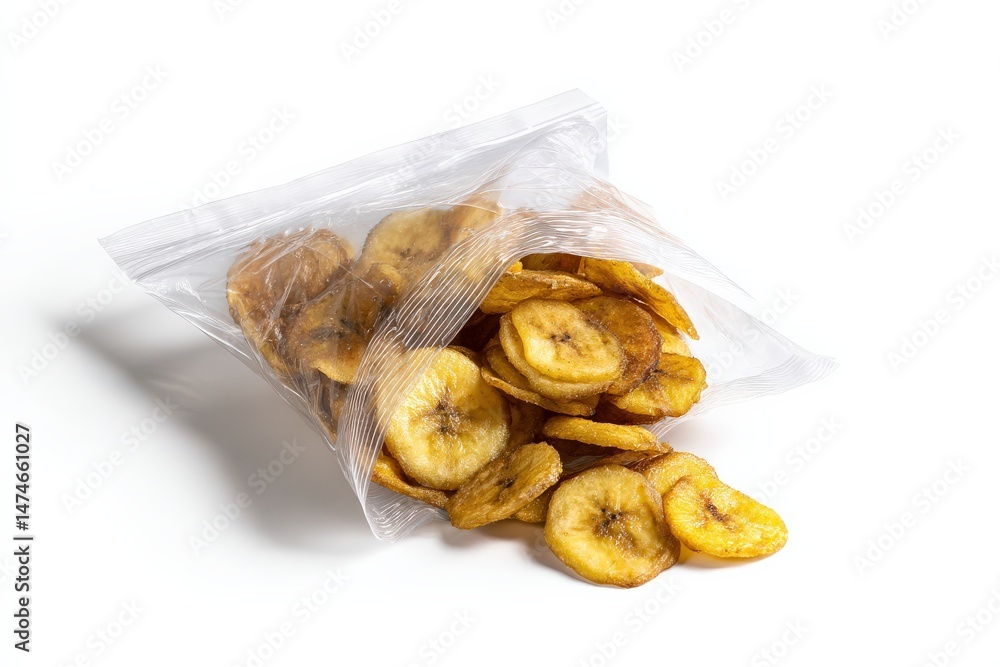 Crispy banana chips spilling from a clear bag. A healthy and delicious ...