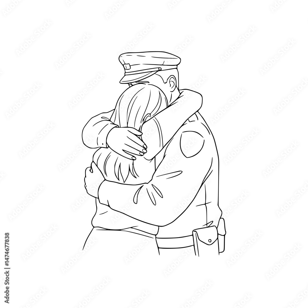 Soldier embracing daughter, returning home, line drawing, transparent ...