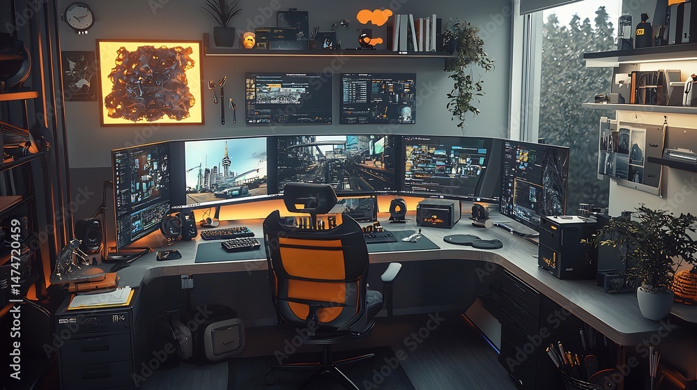 Immersive Workspace: A Modern Desk Setup with Multiple Monitors and ...