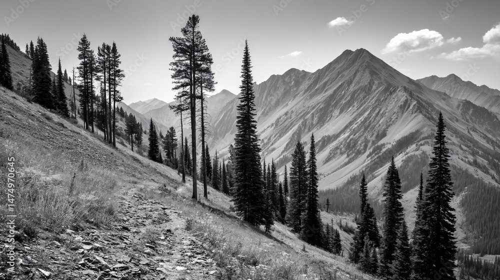 Black and white mountain tree line with rugged textures and ambient ...