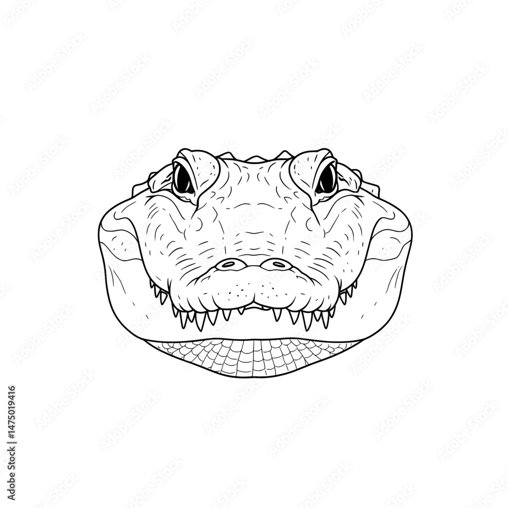 Alligator drawing features front facing eyes and teeth in a detailed ...