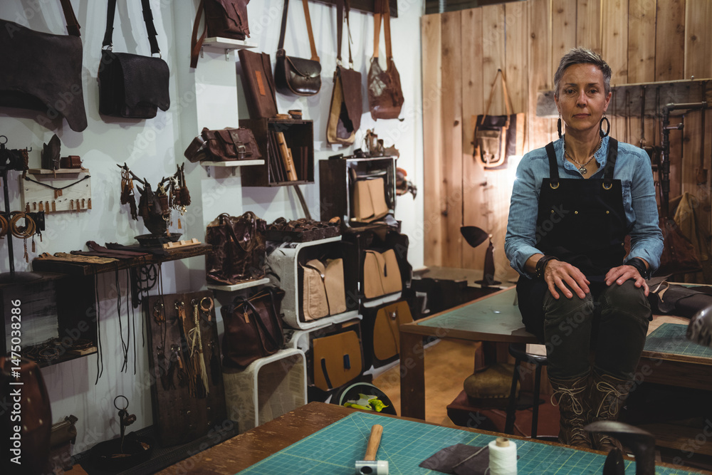Mature woman stitching leather pieces on workbench in leather studio ...